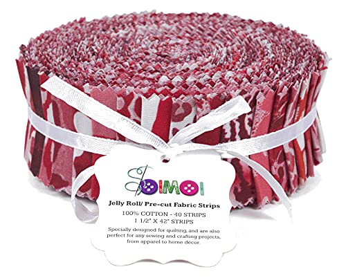 Soimoi 40Pcs Floral Artistic Print Precut Fabrics Strips Roll Up 1.5x42inches Cotton Jelly Rolls for Quilting - Red