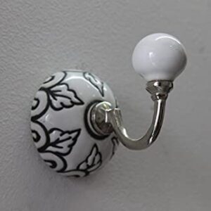 PARIJAT HANDICRAFT Hand Painted Black and White Leaf Beautiful Colored deign Floral Ceramic Wall Hook Hanger Key Holder hat Clothes hangings Bath Towel Hook Hanger