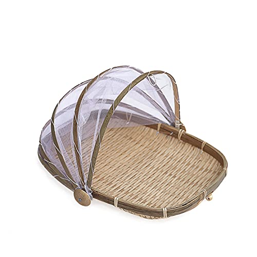 13" Rectangular Bamboo Serving Food Tent Basket Picnic Basket Fruit Basket with net Cover Insect Proof