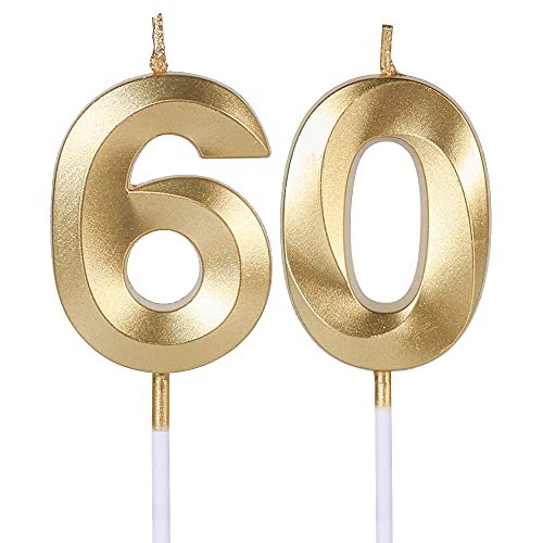 Gold 60th Birthday Candles for Cakes, Number 60 6 Glitter Candle Cake Topper for Party Anniversary Wedding Celebration Decoration