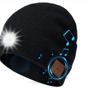 TOUCH TWO Beanie Bluetooth Hat with LED Light Wireless Musical Knitted Cap with Headphone Stereo Speakers & Mic for Running Hiking Jogging Black