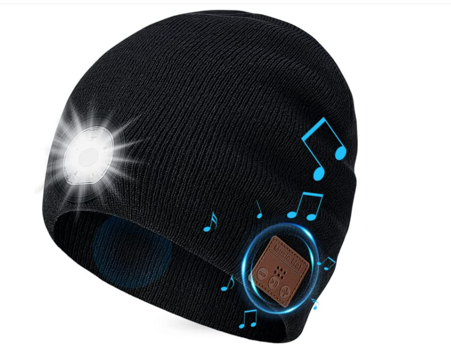 TOUCH TWO Beanie Bluetooth Hat with LED Light Wireless Musical Knitted Cap with Headphone Stereo Speakers & Mic for Running Hiking Jogging Black