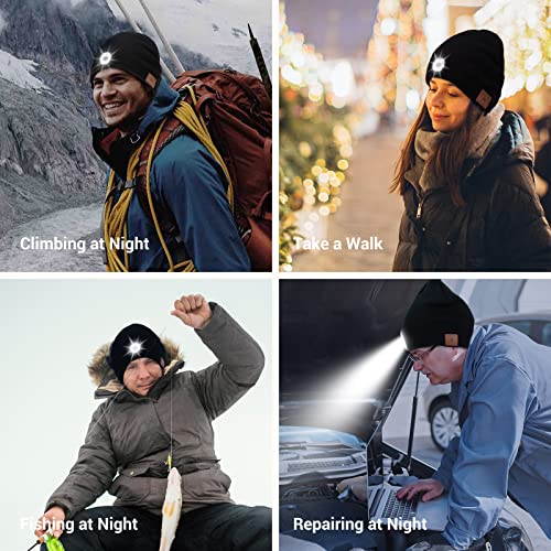 TOUCH TWO Beanie Bluetooth Hat with LED Light Wireless Musical Knitted Cap with Headphone Stereo Speakers & Mic for Running Hiking Jogging Black