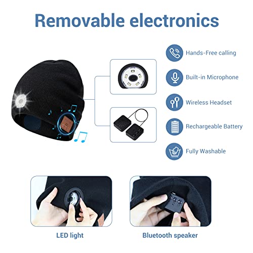 TOUCH TWO Beanie Bluetooth Hat with LED Light Wireless Musical Knitted Cap with Headphone Stereo Speakers & Mic for Running Hiking Jogging Black