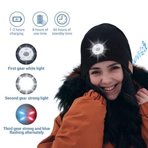 TOUCH TWO Beanie Bluetooth Hat with LED Light Wireless Musical Knitted Cap with Headphone Stereo Speakers & Mic for Running Hiking Jogging Black