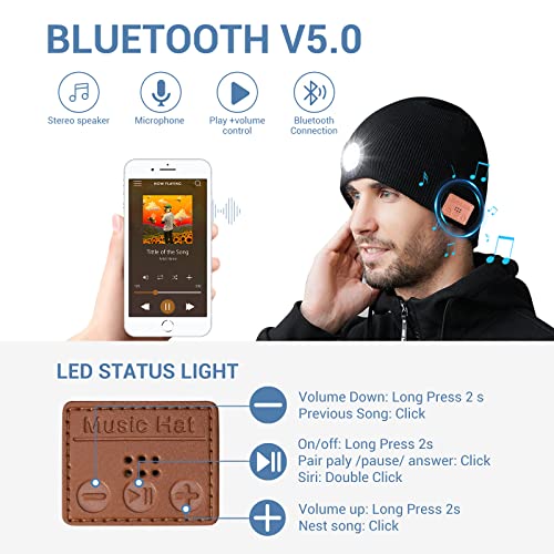 TOUCH TWO Beanie Bluetooth Hat with LED Light Wireless Musical Knitted Cap with Headphone Stereo Speakers & Mic for Running Hiking Jogging Black