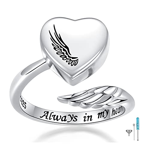 ZOEXUE Sterling Silver Feather Angel Wings Cremation Urn Ring Holds Loved Ones Ashes Always in My Heart Urn Ring for Ashes for Women Open Band Memorial Keepsake Jewelry