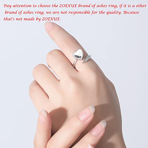 ZOEXUE Sterling Silver Feather Angel Wings Cremation Urn Ring Holds Loved Ones Ashes Always in My Heart Urn Ring for Ashes for Women Open Band Memorial Keepsake Jewelry