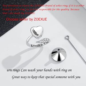 ZOEXUE Sterling Silver Feather Angel Wings Cremation Urn Ring Holds Loved Ones Ashes Always in My Heart Urn Ring for Ashes for Women Open Band Memorial Keepsake Jewelry