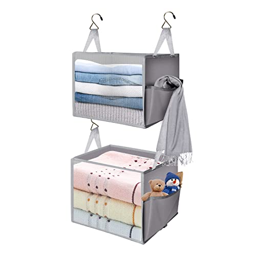 Exsun Hanging Closet Organizer,Hanging Closet Basket with Sturdy Hooks and Extra Side Pocket, Foldable Hanging Storage Use for Wardrobe, Bedroom, Bathroom, Camping & RV, Gray, 33.2"X10"X14", 2-Packs