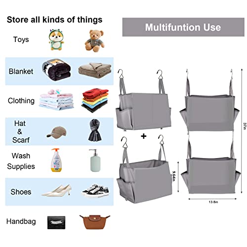 Exsun Hanging Closet Organizer,Hanging Closet Basket with Sturdy Hooks and Extra Side Pocket, Foldable Hanging Storage Use for Wardrobe, Bedroom, Bathroom, Camping & RV, Gray, 33.2"X10"X14", 2-Packs