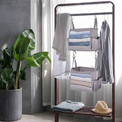 Exsun Hanging Closet Organizer,Hanging Closet Basket with Sturdy Hooks and Extra Side Pocket, Foldable Hanging Storage Use for Wardrobe, Bedroom, Bathroom, Camping & RV, Gray, 33.2"X10"X14", 2-Packs