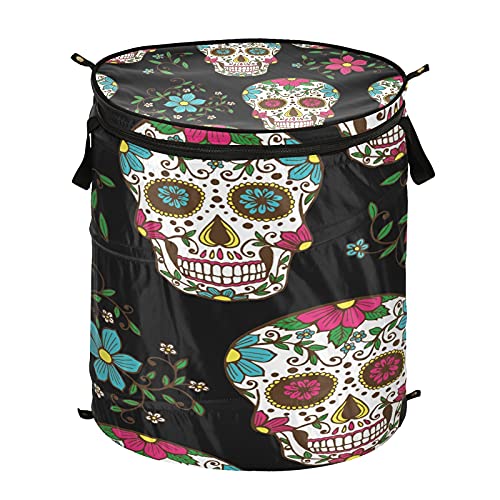 xigua Sugar Skull Flower Popup Laundry Hamper, Foldable Portable Dirty Clothes Basket with Zipper Lid, Dirty Clothes Hamper for Bedroom, Kids Room, Dormitory