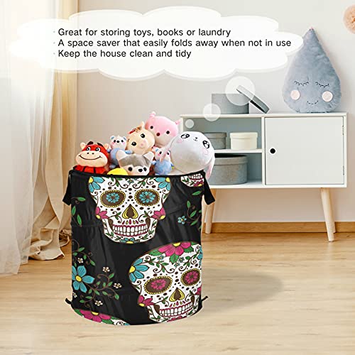 xigua Sugar Skull Flower Popup Laundry Hamper, Foldable Portable Dirty Clothes Basket with Zipper Lid, Dirty Clothes Hamper for Bedroom, Kids Room, Dormitory