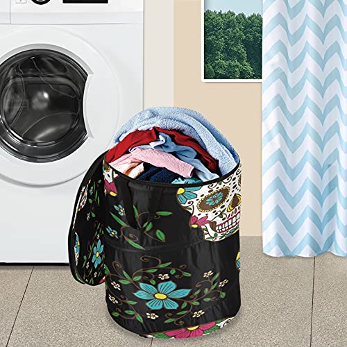 xigua Sugar Skull Flower Popup Laundry Hamper, Foldable Portable Dirty Clothes Basket with Zipper Lid, Dirty Clothes Hamper for Bedroom, Kids Room, Dormitory