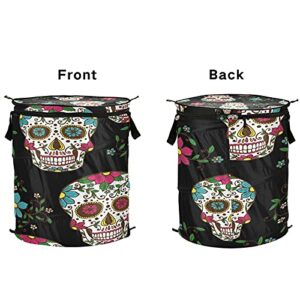 xigua Sugar Skull Flower Popup Laundry Hamper, Foldable Portable Dirty Clothes Basket with Zipper Lid, Dirty Clothes Hamper for Bedroom, Kids Room, Dormitory