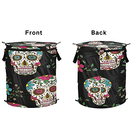 xigua Sugar Skull Flower Popup Laundry Hamper, Foldable Portable Dirty Clothes Basket with Zipper Lid, Dirty Clothes Hamper for Bedroom, Kids Room, Dormitory