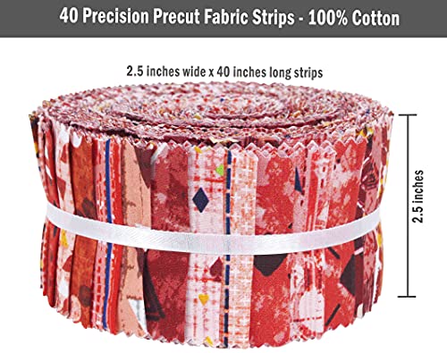 Soimoi 40Pcs Geometric & Texture Print Cotton Precut Fabrics for Quilting Craft Strips 2.5x42inches Jelly Roll - Red