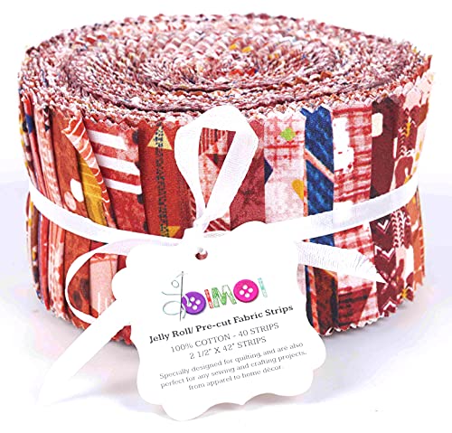 Soimoi 40Pcs Geometric & Texture Print Cotton Precut Fabrics for Quilting Craft Strips 2.5x42inches Jelly Roll - Red