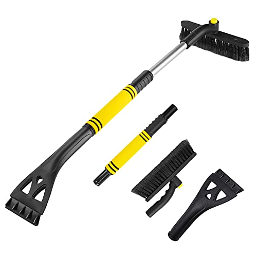 Yemei 35" Extendable Car Snow Brush with Squeegee，Brush Supports 360 Degree Rotation，Retractable Snow Shovel with Foam Grip ,for Small Car Truck SUV + Ice Scraper Yellow