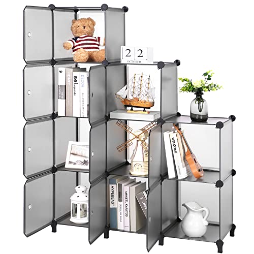 ANWBROAD Cube Storage Organizer, 9-Cube Modular DIY Book Shelf with Doors, Closet Clothes Organizer, Plastic Storage Cubbies Cabinet for Living Room Bedroom Office Gray ULCS09HM