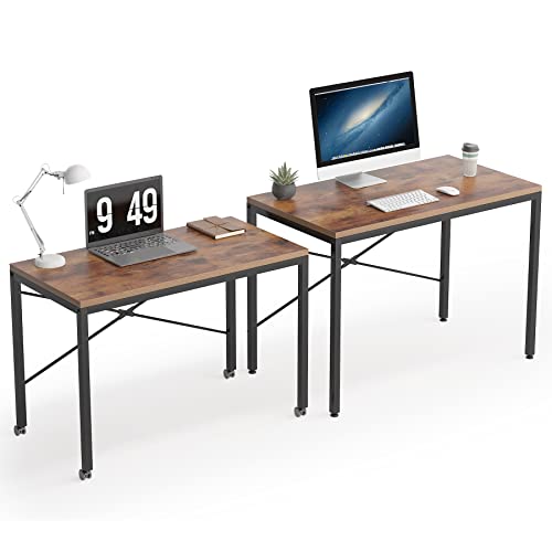 Tribesigns Two Person Computer Desk Double, 39" Simple Small Desks for Small Spaces, Large Writing Workstation + Modern Mini Table on Wheels Lockable, Home Office Desks for Bedroom Farmhouse Brown