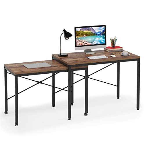 Tribesigns Two Person Computer Desk Double, 39" Simple Small Desks for Small Spaces, Large Writing Workstation + Modern Mini Table on Wheels Lockable, Home Office Desks for Bedroom Farmhouse Brown