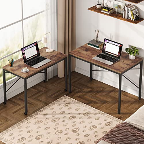 Tribesigns Two Person Computer Desk Double, 39" Simple Small Desks for Small Spaces, Large Writing Workstation + Modern Mini Table on Wheels Lockable, Home Office Desks for Bedroom Farmhouse Brown