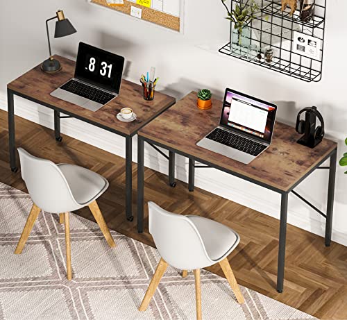 Tribesigns Two Person Computer Desk Double, 39" Simple Small Desks for Small Spaces, Large Writing Workstation + Modern Mini Table on Wheels Lockable, Home Office Desks for Bedroom Farmhouse Brown