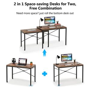 Tribesigns Two Person Computer Desk Double, 39" Simple Small Desks for Small Spaces, Large Writing Workstation + Modern Mini Table on Wheels Lockable, Home Office Desks for Bedroom Farmhouse Brown