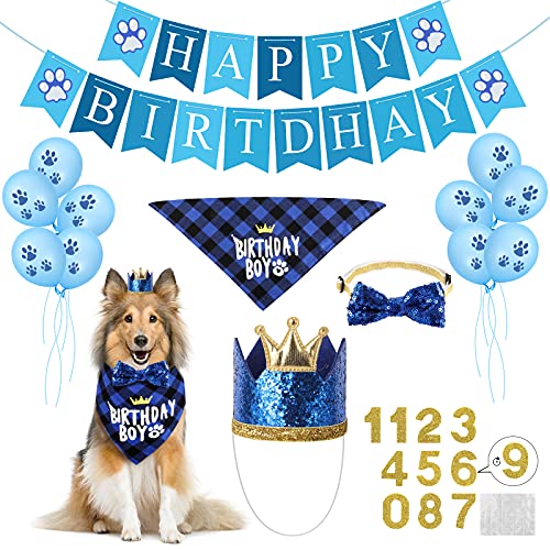 Selemoy Dog Birthday Party Supplies, Dog Birthday Hat Bandana Scarf with Cute Dog Bow Tie, Flag, Balloons for Small Medium Dogs Pets, Doggie Birthday Party Supplies Decorations