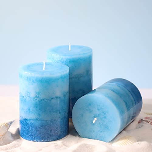 Petristrike Strong Ocean Scented Pillar Candles, 50+ Hrs Long Burning Candles，3 Pack Blue Candles for Home Scented (3x4'')