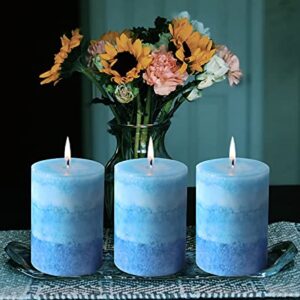 Petristrike Strong Ocean Scented Pillar Candles, 50+ Hrs Long Burning Candles，3 Pack Blue Candles for Home Scented (3x4'')