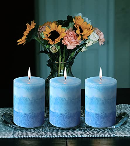 Petristrike Strong Ocean Scented Pillar Candles, 50+ Hrs Long Burning Candles，3 Pack Blue Candles for Home Scented (3x4'')