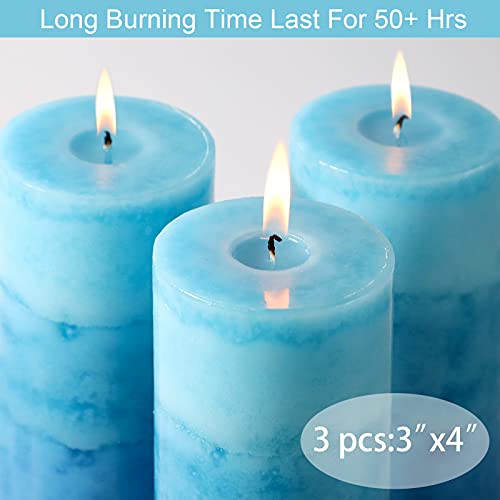 Petristrike Strong Ocean Scented Pillar Candles, 50+ Hrs Long Burning Candles，3 Pack Blue Candles for Home Scented (3x4'')