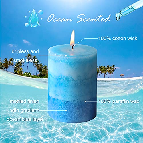 Petristrike Strong Ocean Scented Pillar Candles, 50+ Hrs Long Burning Candles，3 Pack Blue Candles for Home Scented (3x4'')