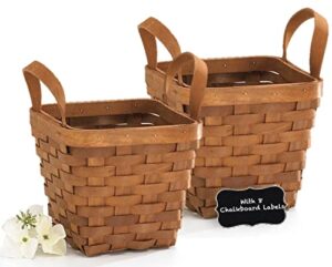 small wooden decorative woodchip basket with handles empty baskets 4 inch 2 pack for gifts with chalkboard labels. wicker baskets display snack pantry organization wedding flower plant (dark stain)