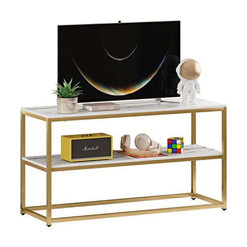 Function Home TV Stand for TVs up to 50 Inch, 3 Tier Entertainment Center, Modern TV Cabinet with Marble Top and Gold Metal Base, 42" Media Console Table with Storage for Living Room Bedroom