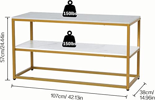 Function Home TV Stand for TVs up to 50 Inch, 3 Tier Entertainment Center, Modern TV Cabinet with Marble Top and Gold Metal Base, 42" Media Console Table with Storage for Living Room Bedroom