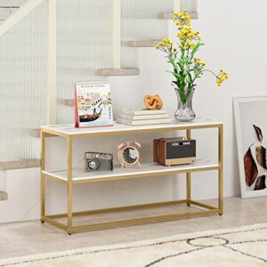 Function Home TV Stand for TVs up to 50 Inch, 3 Tier Entertainment Center, Modern TV Cabinet with Marble Top and Gold Metal Base, 42" Media Console Table with Storage for Living Room Bedroom