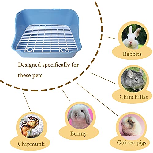 Hamiledyi Small Animal Rabbit Litter Box, Plastic Square Cage Toilet, Corner Pan with Grate, Potty Training for Bunny, Guinea Pigs, Chinchilla, Ferret, Hamster(Blue)