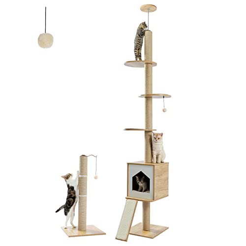 PETEPELA Cat Tree Floor-to-Ceiling Cat Tower, Cat Activity Center with Free Cat Scratching Post and Cat Condo, Ramp Ladder, Multi-Level Platforms Adjustable(94-102 Inches) for Indoor Cats