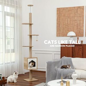 PETEPELA Cat Tree Floor-to-Ceiling Cat Tower, Cat Activity Center with Free Cat Scratching Post and Cat Condo, Ramp Ladder, Multi-Level Platforms Adjustable(94-102 Inches) for Indoor Cats