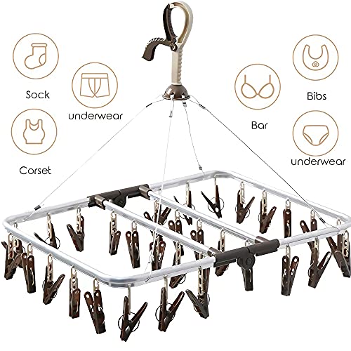 BYMYHO Clothes Drying Hanger with 32 Clips Space Saving Sock Dryer Ultra-Light Aluminum Frame Underwear Drying Rack for Washing, Small Clothes, Mask, Towels, Baby Clothes, Cloth Diaper (Brown)