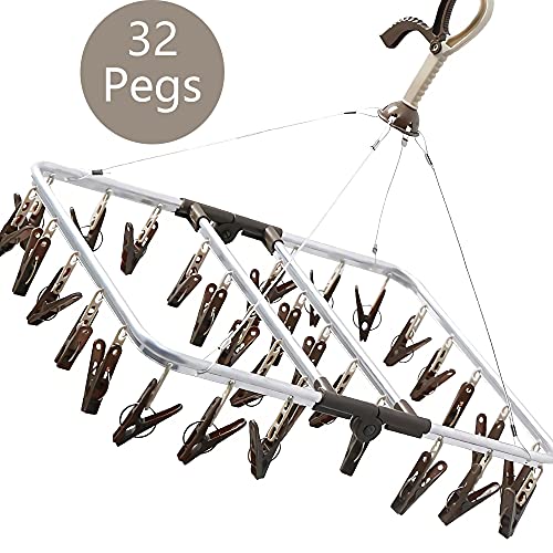 BYMYHO Clothes Drying Hanger with 32 Clips Space Saving Sock Dryer Ultra-Light Aluminum Frame Underwear Drying Rack for Washing, Small Clothes, Mask, Towels, Baby Clothes, Cloth Diaper (Brown)