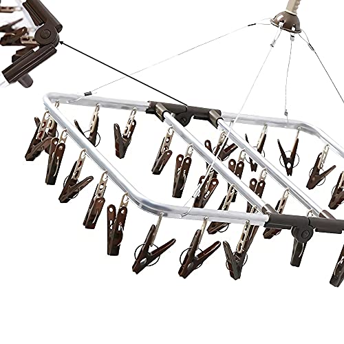 BYMYHO Clothes Drying Hanger with 32 Clips Space Saving Sock Dryer Ultra-Light Aluminum Frame Underwear Drying Rack for Washing, Small Clothes, Mask, Towels, Baby Clothes, Cloth Diaper (Brown)