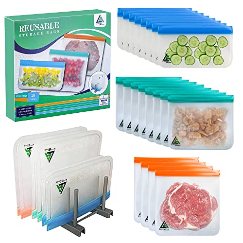 Latest Sense Reusable Storage Bags, BPA-Free – 20 Pack Reusable Sandwich Bags with Drying Rack – Eco-Friendly Ziplock Storage Bags for Food, Snacks, Lunch – Leakproof Reusable Freezer Bags