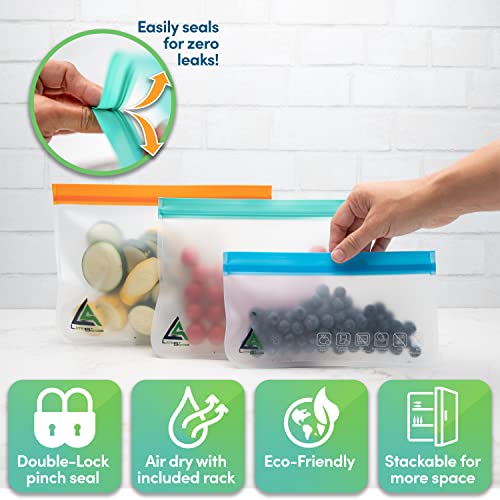 Latest Sense Reusable Storage Bags, BPA-Free – 20 Pack Reusable Sandwich Bags with Drying Rack – Eco-Friendly Ziplock Storage Bags for Food, Snacks, Lunch – Leakproof Reusable Freezer Bags