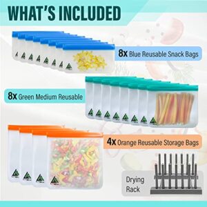 Latest Sense Reusable Storage Bags, BPA-Free – 20 Pack Reusable Sandwich Bags with Drying Rack – Eco-Friendly Ziplock Storage Bags for Food, Snacks, Lunch – Leakproof Reusable Freezer Bags