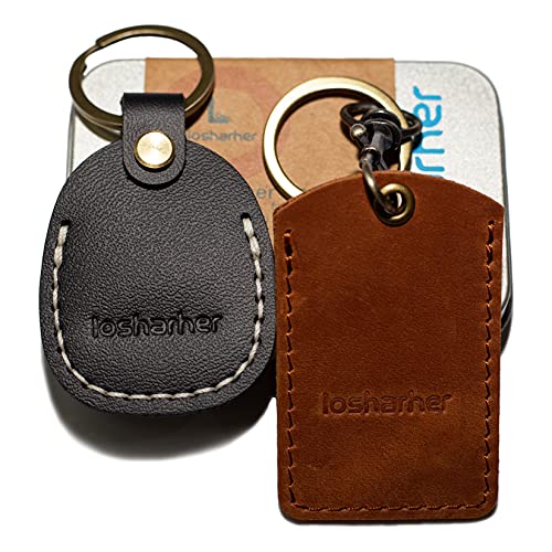 losharher Genuine Leather Holder for AirTag with Key Ring Anti-Scratch Air Tag Keychain Protective Case Anti-Lost 2 Pack